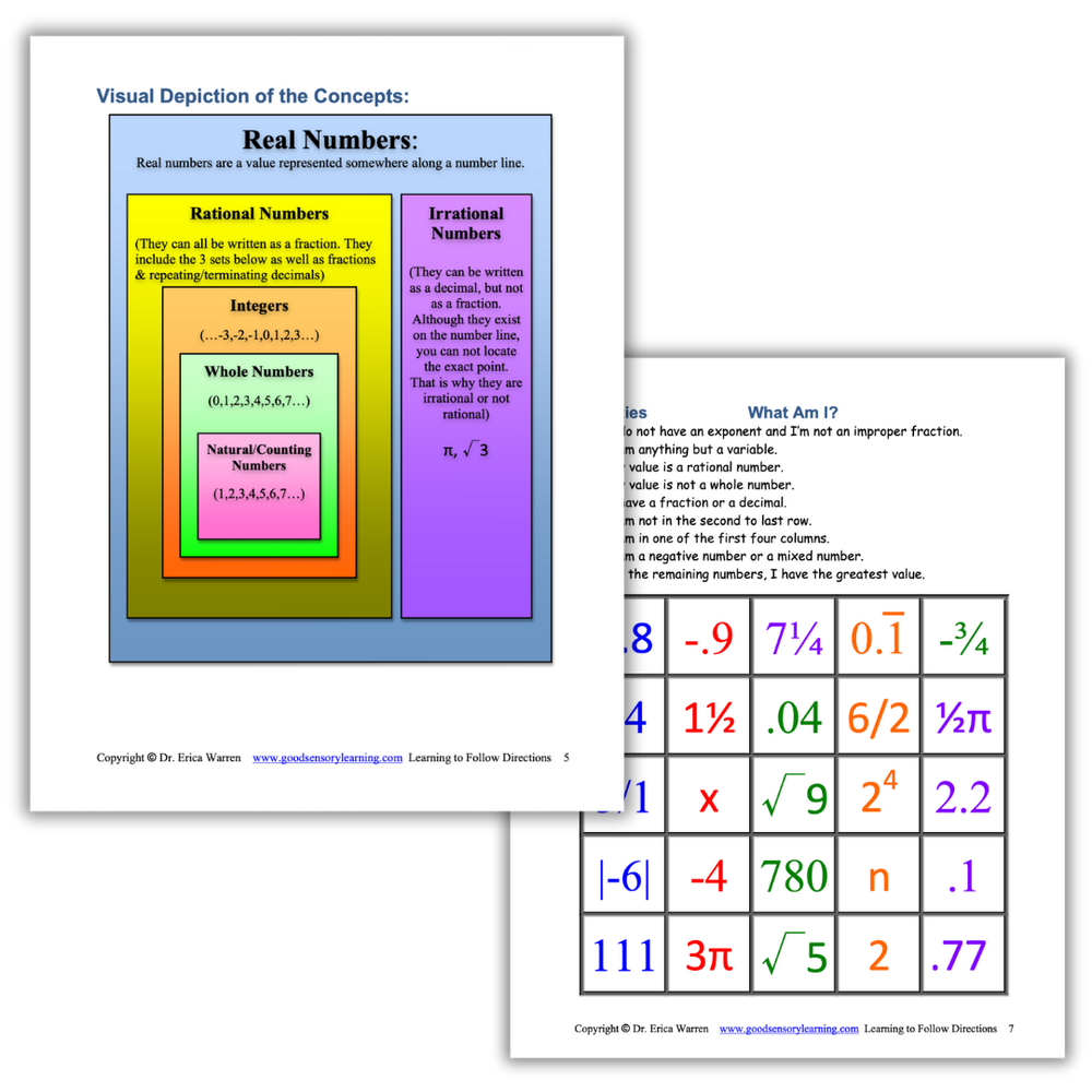 Real Numbers Following Directions - Math Vocabulary